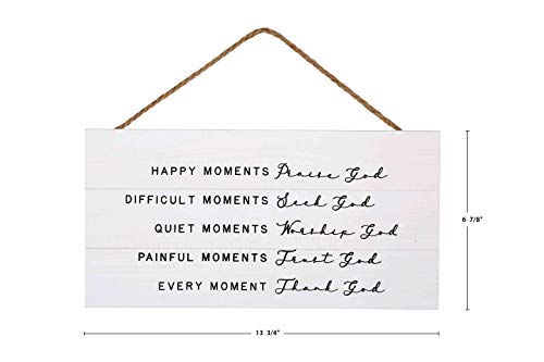 GSM Brands Happy Moments Praise God Wood Plank Hanging Sign for Home Decor (13.75 x 6.9 Inches with White Background)