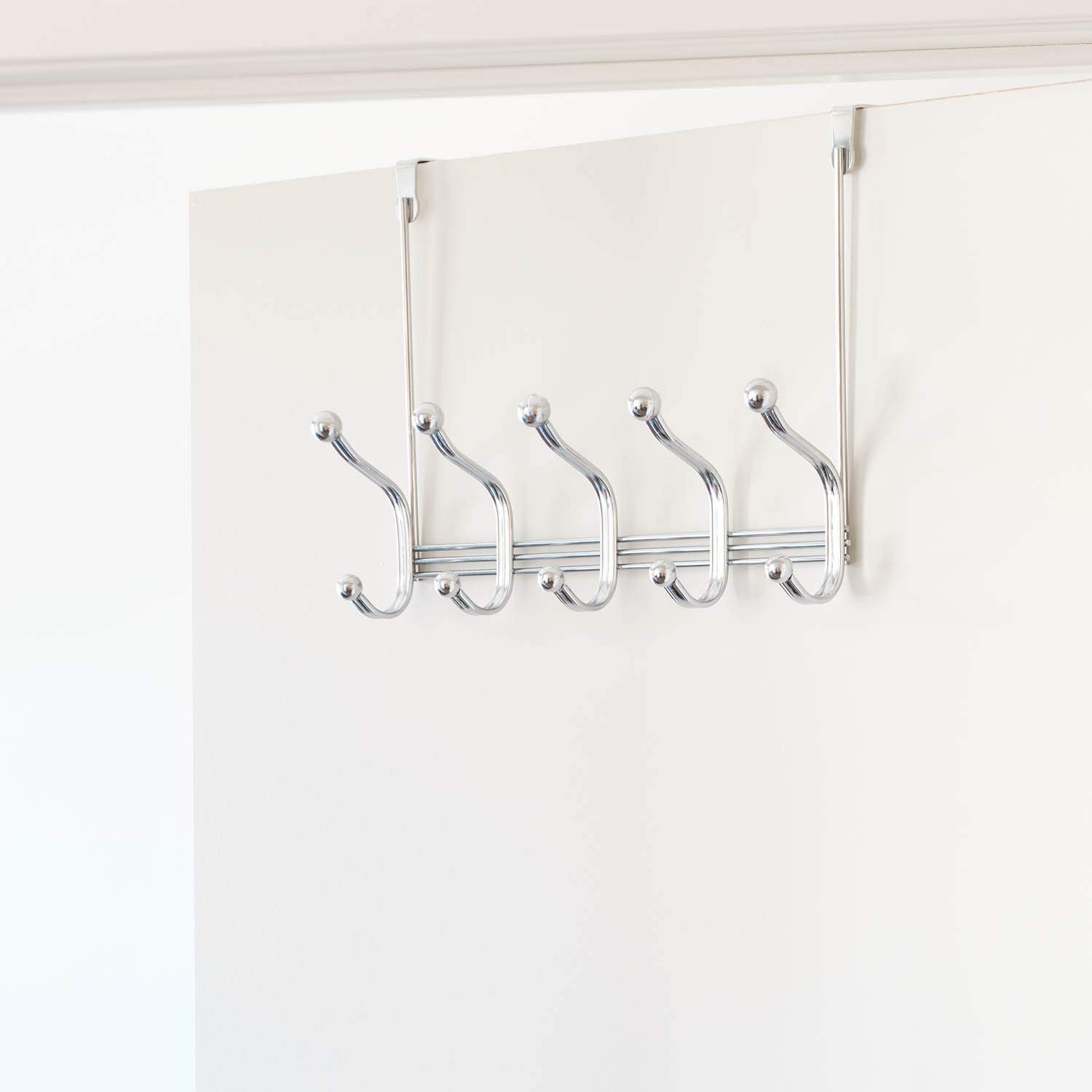 iDesign York Metal Over the Door Organizer, 5-Hook Rack for Coats, Hats, Robes, Towels, Jackets, Purses, Bedroom, Closet, and Bathroom, 15.28" x 5.25" x 11", Chrome