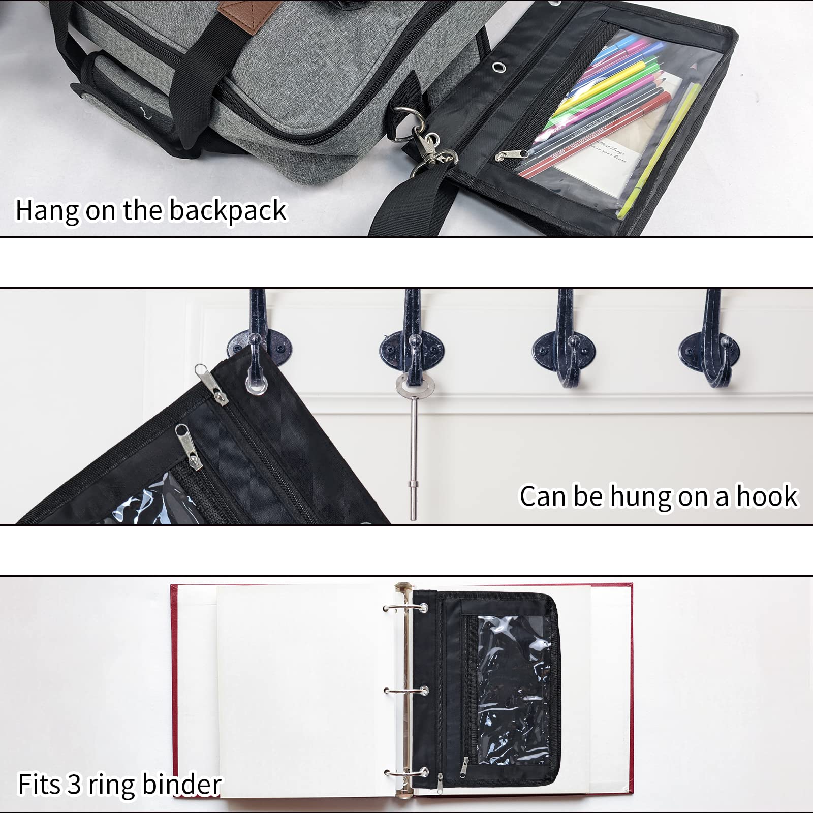 YoeeJob 2 Pack 1 Inch Expandable Zipper Pencil Pouches with Clear Window for 3 Ring Binder, Suitable for School & Office (Black)