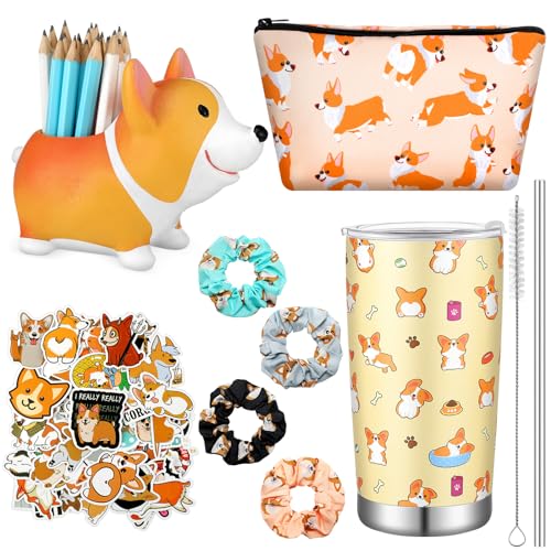 TaoBary Corgi Gifts for Corgi Lovers Includes Corgi Makeup Bag Corgi Pen Pencil Holder with 50 Corgi Stickers 4 Dog Hair Scrunchies Corgi 20 oz Stainless Steel Tumbler for Women(Cute)