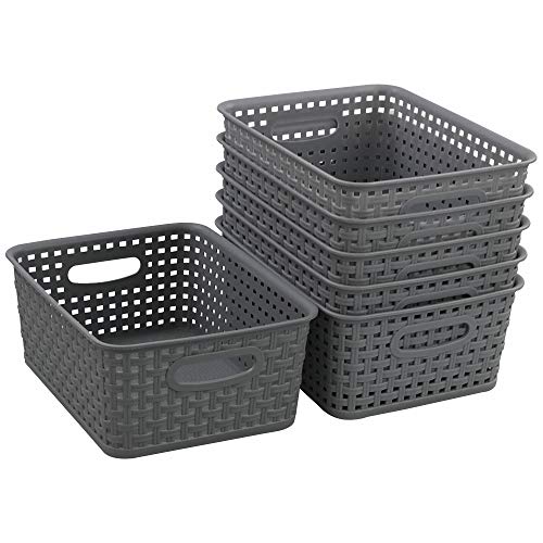 Readsky Small Woven Plastic Storage Baskets, Plastic Baskets for Shelves, Gray, Pack of 6