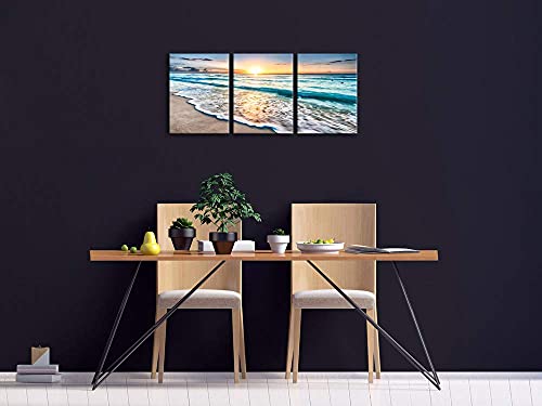 Wieco Art 3 Panel Blue Beach Canvas Wall Art for Home Decor Sunset White Wave Beach Pictures on Canvas Sea View Canvas Prints Artwork for Wall Decor Living Room Decorations