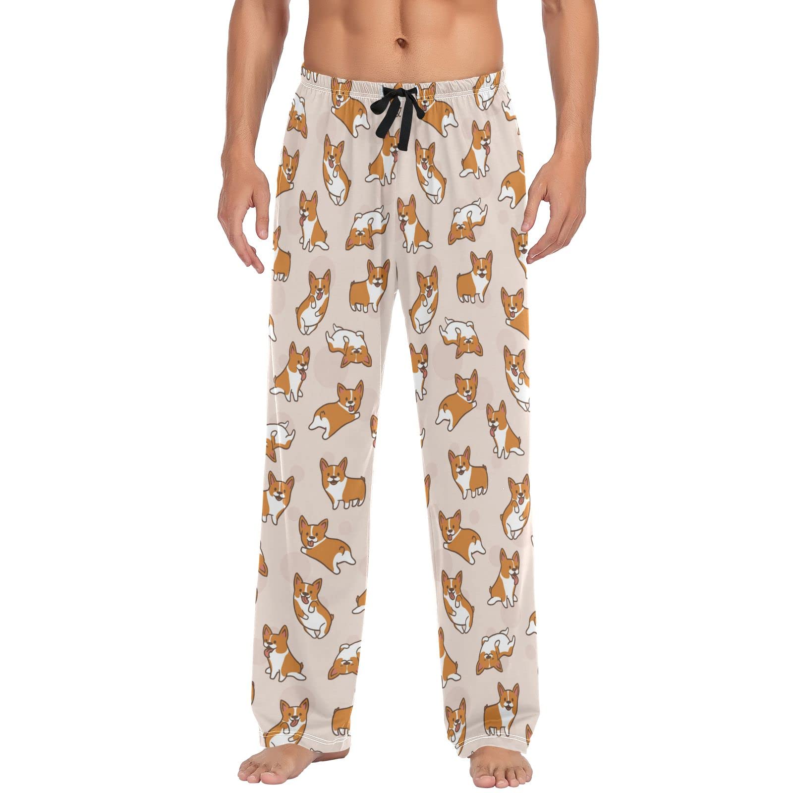 Ollabaky Dogs Pajama Pants for Men Cute Corgis PJs Bottoms with Pockets Men's Sleep Lounge Pants, L