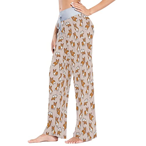 Women's Comfy Pajama Pants Cartoon Corgis Pattern Casual Drawstring Palazzo Lounge Wide Leg Pants, Medium