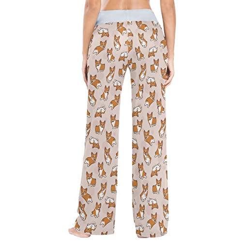 Women's Comfy Pajama Pants Cartoon Corgis Pattern Casual Drawstring Palazzo Lounge Wide Leg Pants, Medium