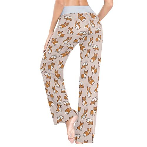 Women's Comfy Pajama Pants Cartoon Corgis Pattern Casual Drawstring Palazzo Lounge Wide Leg Pants, Medium