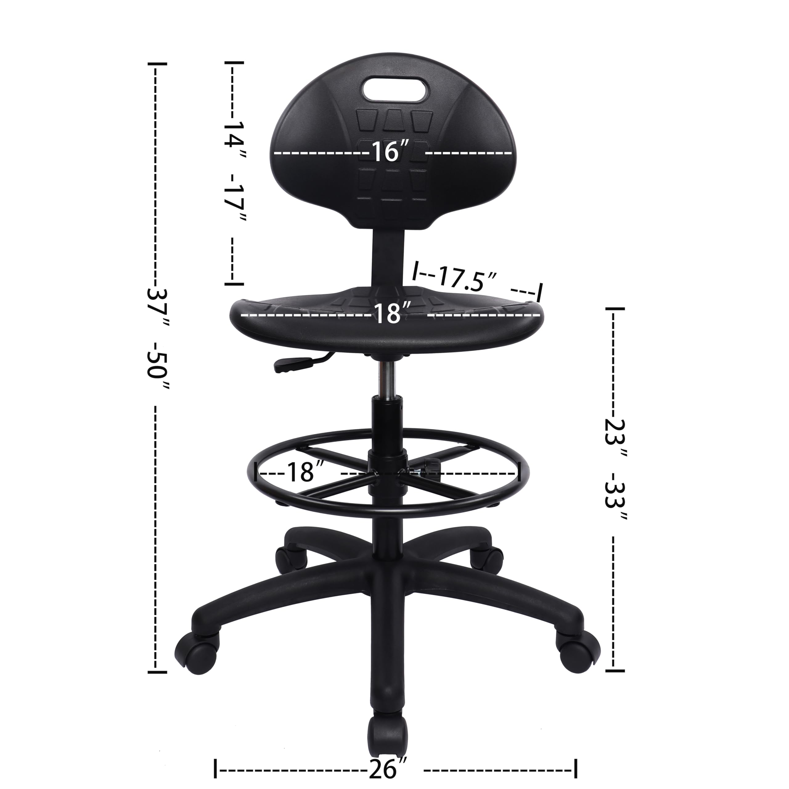 Aaron's Deluxe Polyurethane Drafting Lab Stool Chair, 18'' Adjustable Footring, 10'' Adjustable Height, 450 lb seat Capacity, Heavy Duty, Made and Built to Order here in The United States, Black