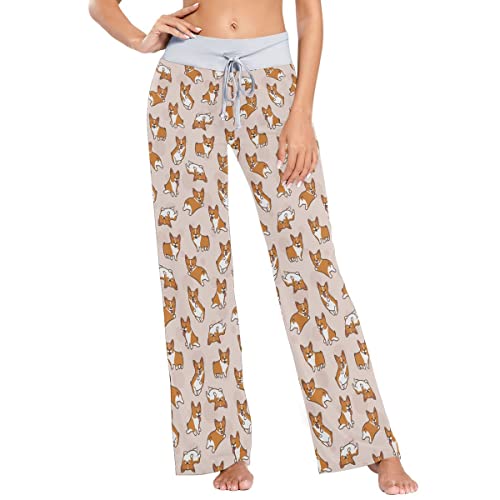 Women's Comfy Pajama Pants Cartoon Corgis Pattern Casual Drawstring Palazzo Lounge Wide Leg Pants, Medium