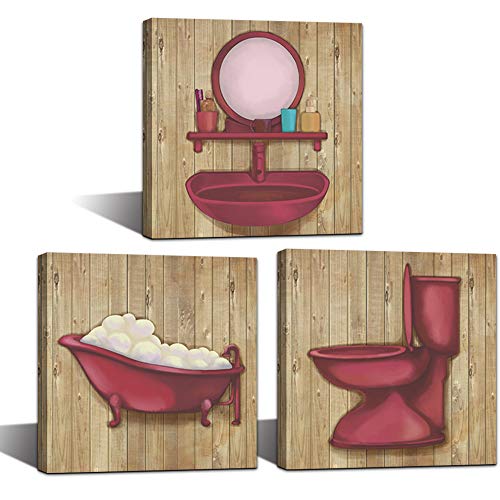 LoveHouse Bathroom Canvas Wall Art Prints Rustic Bath Sets Red Wall Decor Still Life Picture Poster Print On Canvas for Home Shower Room Decoration Stretched Framed Ready to Hang 12x12inchx3panel