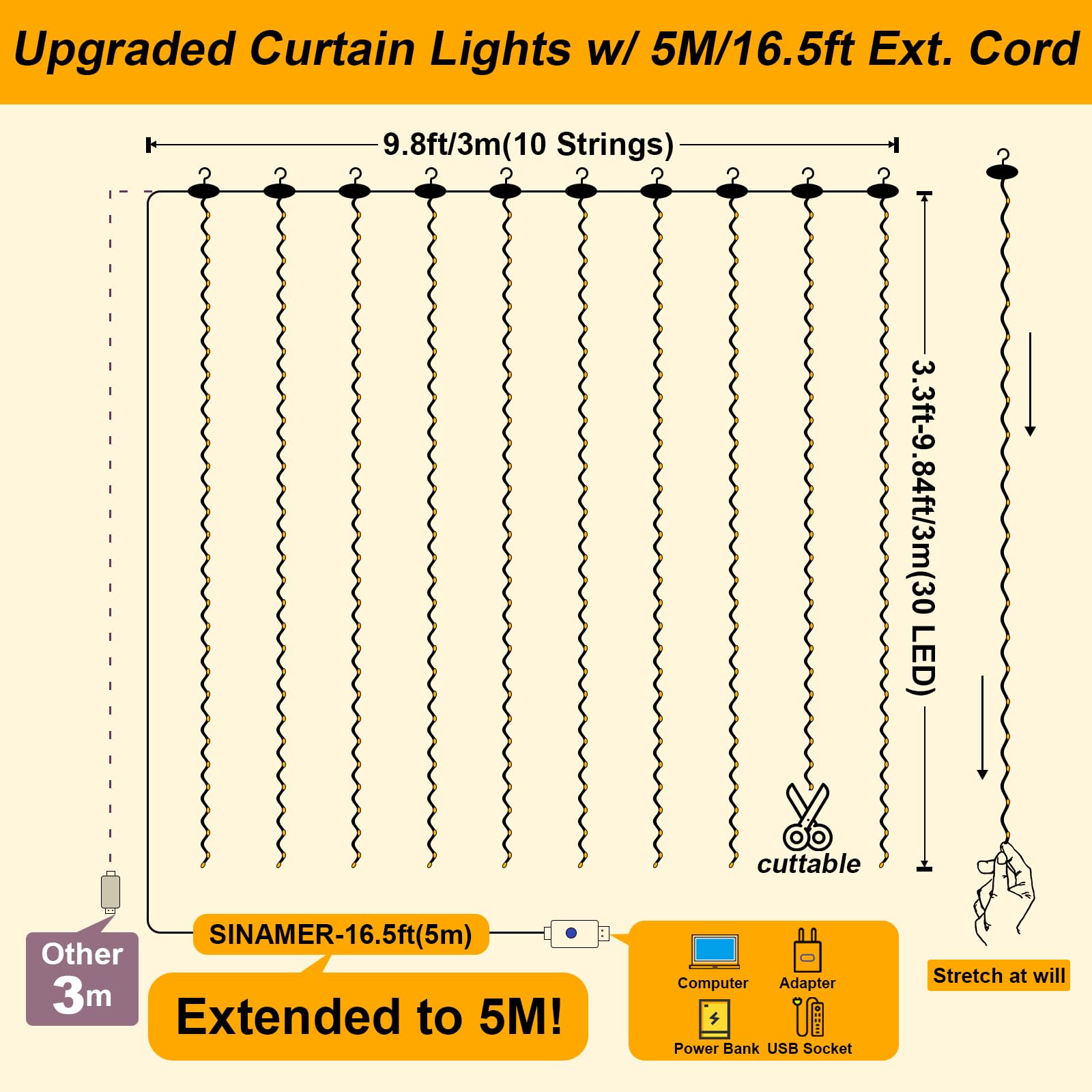 SINAMER White Curtain Light for Bedroom, 300 LED 9.8ft x 9.8ft Curtain String Light with 16 Hooks, 8 Models Remote Control, Window Fairy Light with USB for Wedding Party Home Garden Indoor Decorations