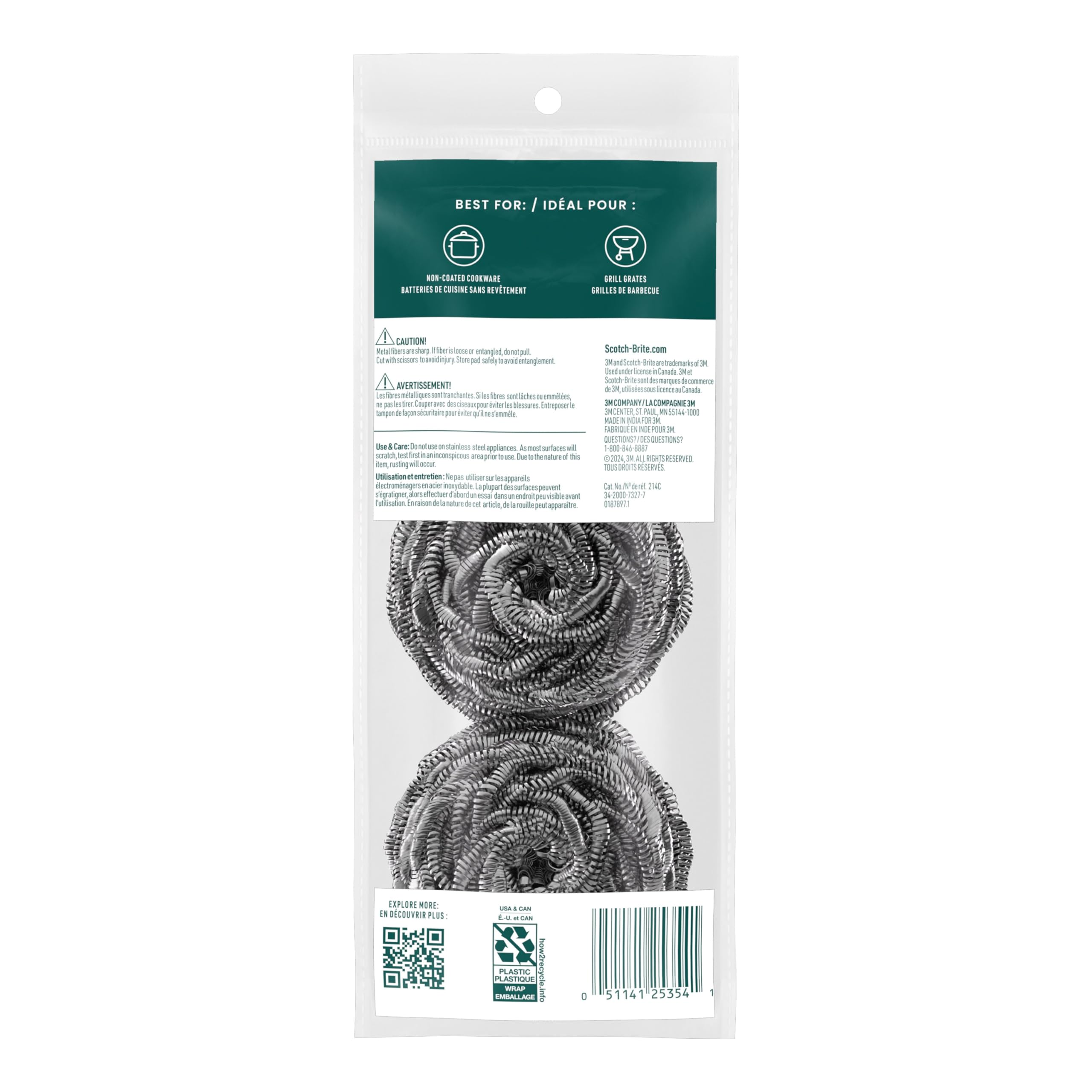 Scotch-Brite Stainless Steel Scrubbers, Ideal for Cast Iron Pans, Powerful Scrubbing for Stubborn Messes, 3 Scrubbers