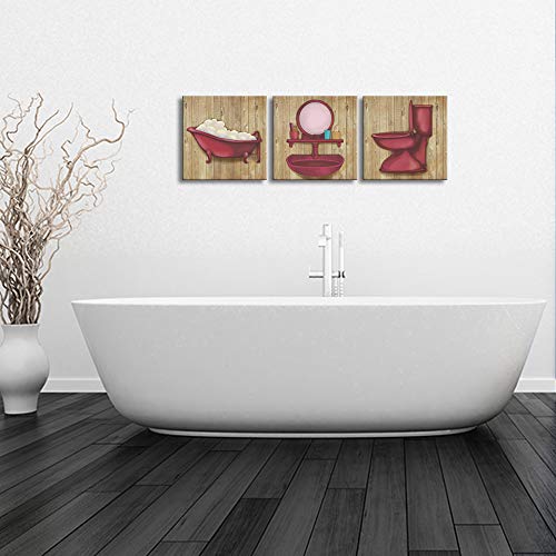 LoveHouse Bathroom Canvas Wall Art Prints Rustic Bath Sets Red Wall Decor Still Life Picture Poster Print On Canvas for Home Shower Room Decoration Stretched Framed Ready to Hang 12x12inchx3panel