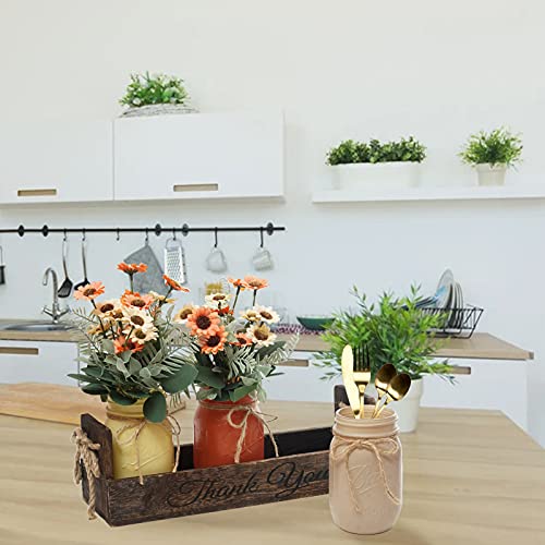 DUOER Mason Jar Centerpiece for Table Decorative Wood Tray with 3 Painted Jars Rustic Farmhouse Decor Centerpiece for Home Kitchen Dinning Living Room Decor,Brown