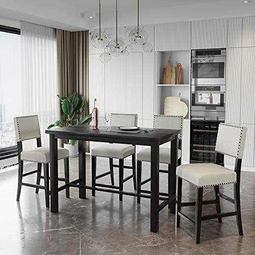 Merax 5 Piece Dining Set Kitchen Table Set Counter Height Table Set with One Rectangle Table and 4 Cushioned Chairs for 4 Persons Dining Room Table Set for Small Place(Table+4 Chairs)