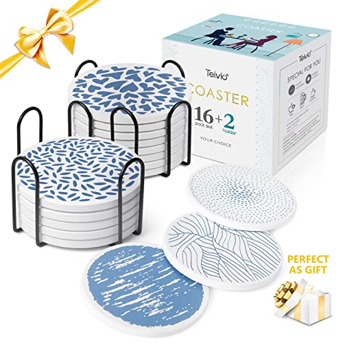 Absorbing Stone Coasters for Drinks Cork Base, with 2 Holder, for Housewarming, Apartment Kitchen Room Bar Decor, Suitable for Wooden Table, Set of 16 (Blue)