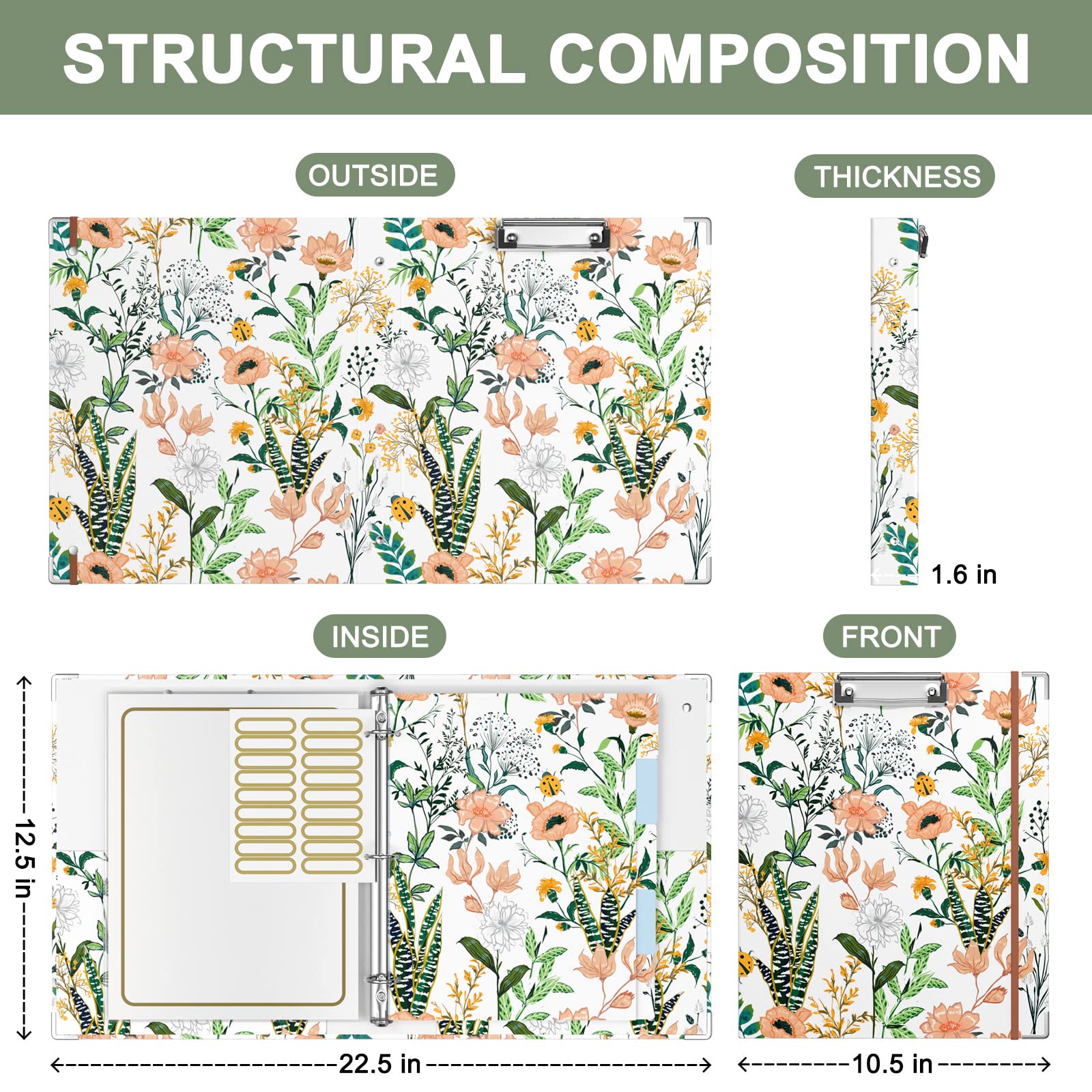 Rouidr 3 Ring Binder with clipboard, 1 inch 8.5 x 11 in Letter Size View Binders Organizer with Dividers Tabs & Clear Sleeves, School Supplies, Office Supplies, Cute Flower