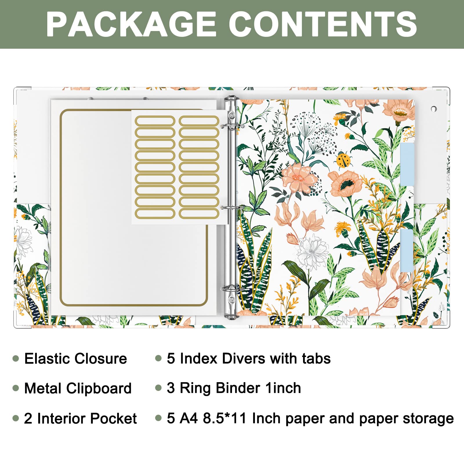 Rouidr 3 Ring Binder with clipboard, 1 inch 8.5 x 11 in Letter Size View Binders Organizer with Dividers Tabs & Clear Sleeves, School Supplies, Office Supplies, Cute Flower