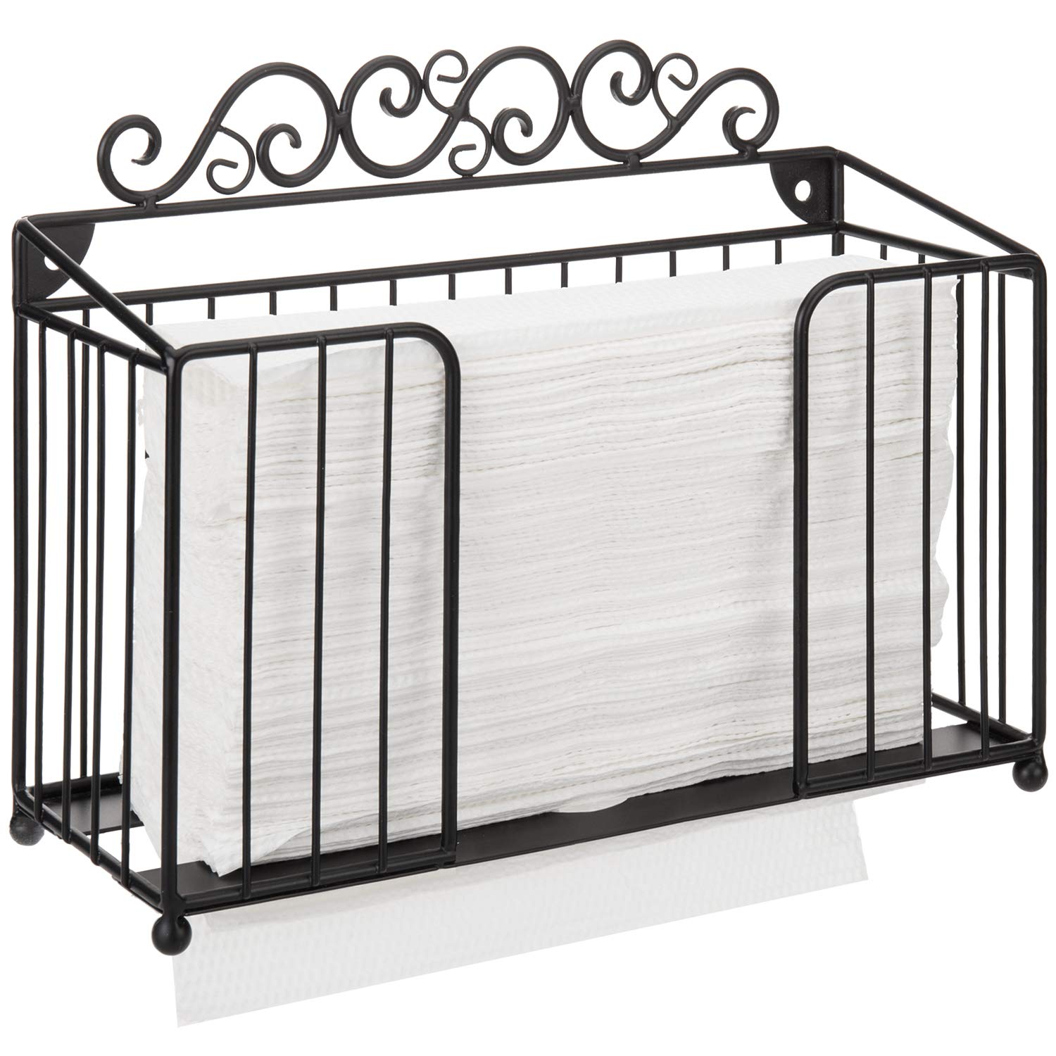 MyGift Black Metal Bathroom Paper Towel Holder with Scrollwork Design, Trifold Z-Fold Dispenser, Wall Mounted Commercial Folded Disposable Paper Towel Rack