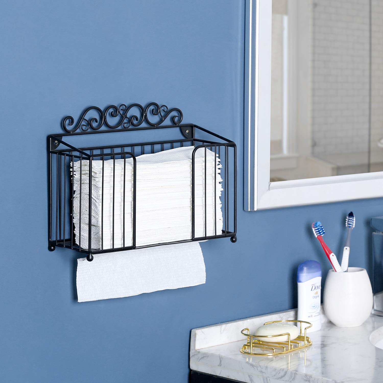 MyGift Black Metal Bathroom Paper Towel Holder with Scrollwork Design, Trifold Z-Fold Dispenser, Wall Mounted Commercial Folded Disposable Paper Towel Rack
