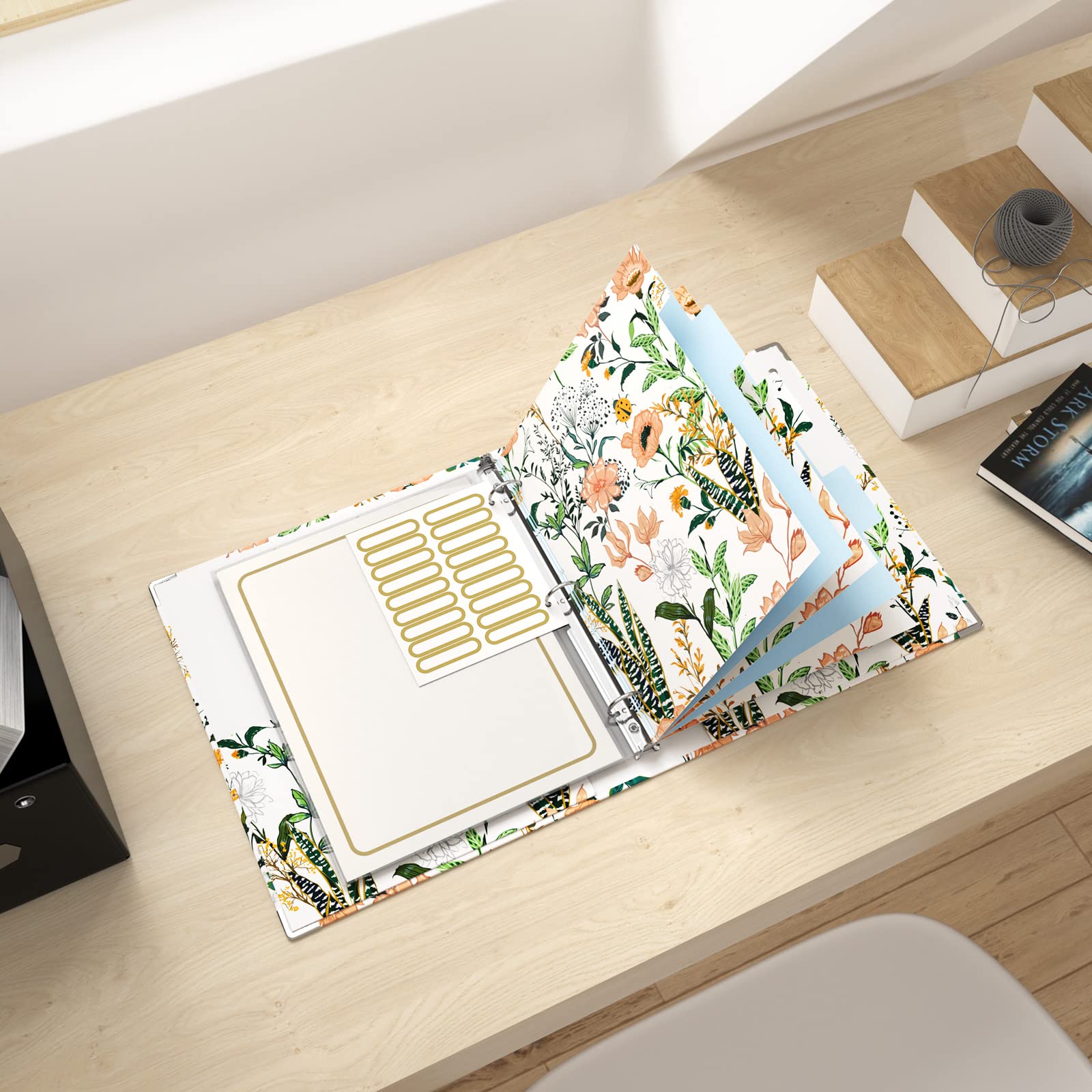 Rouidr 3 Ring Binder with clipboard, 1 inch 8.5 x 11 in Letter Size View Binders Organizer with Dividers Tabs & Clear Sleeves, School Supplies, Office Supplies, Cute Flower