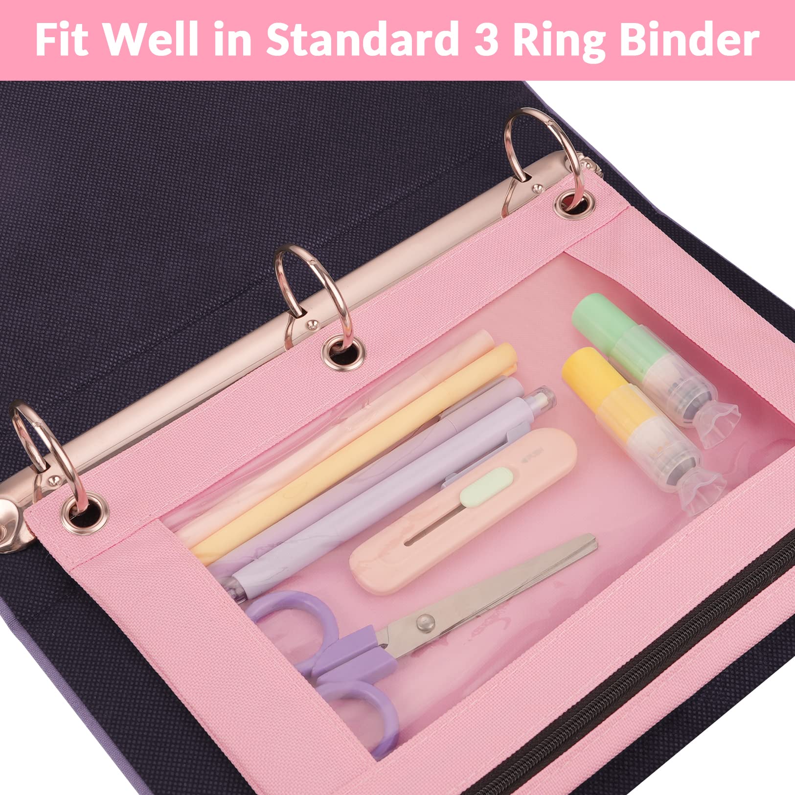 Sooez Pencil Pouch for 3 Ring Binder, 2 Pack Binder Pencil Pouch with Clear Window Pencil Bags with Zipper & Reinforced Grommets, Pencil Case for Binder Pink & Grey