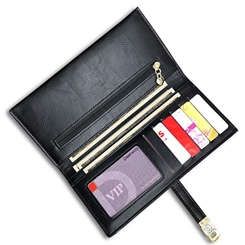 TOPKULL Ultra Slim Wallet for Women Leather,Thin Womens Wallet Billfold Skinny Rfid Ladies Wallet Large Bifold Long Card Holder Flat Coin Purse Magnetic Closure (Black)