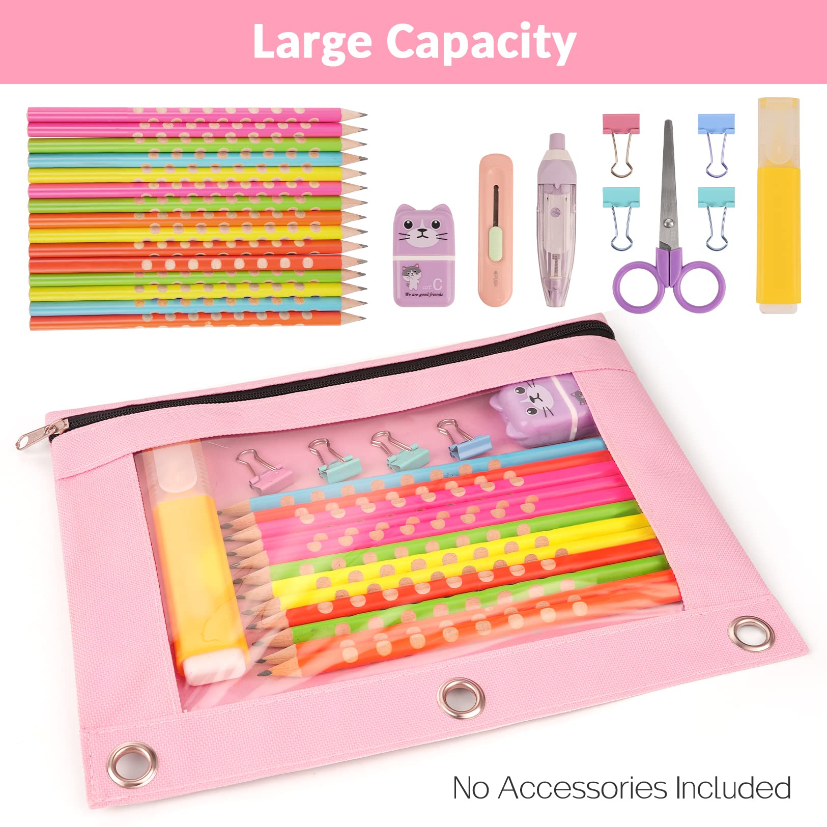 Sooez Pencil Pouch for 3 Ring Binder, 2 Pack Binder Pencil Pouch with Clear Window Pencil Bags with Zipper & Reinforced Grommets, Pencil Case for Binder Pink & Grey