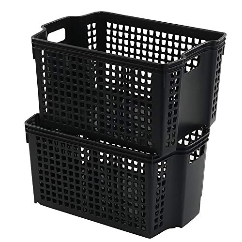 Bringer 6-Pack Stacking Plastic Storage Baskets, Black Plastic Storage Organizer Bins
