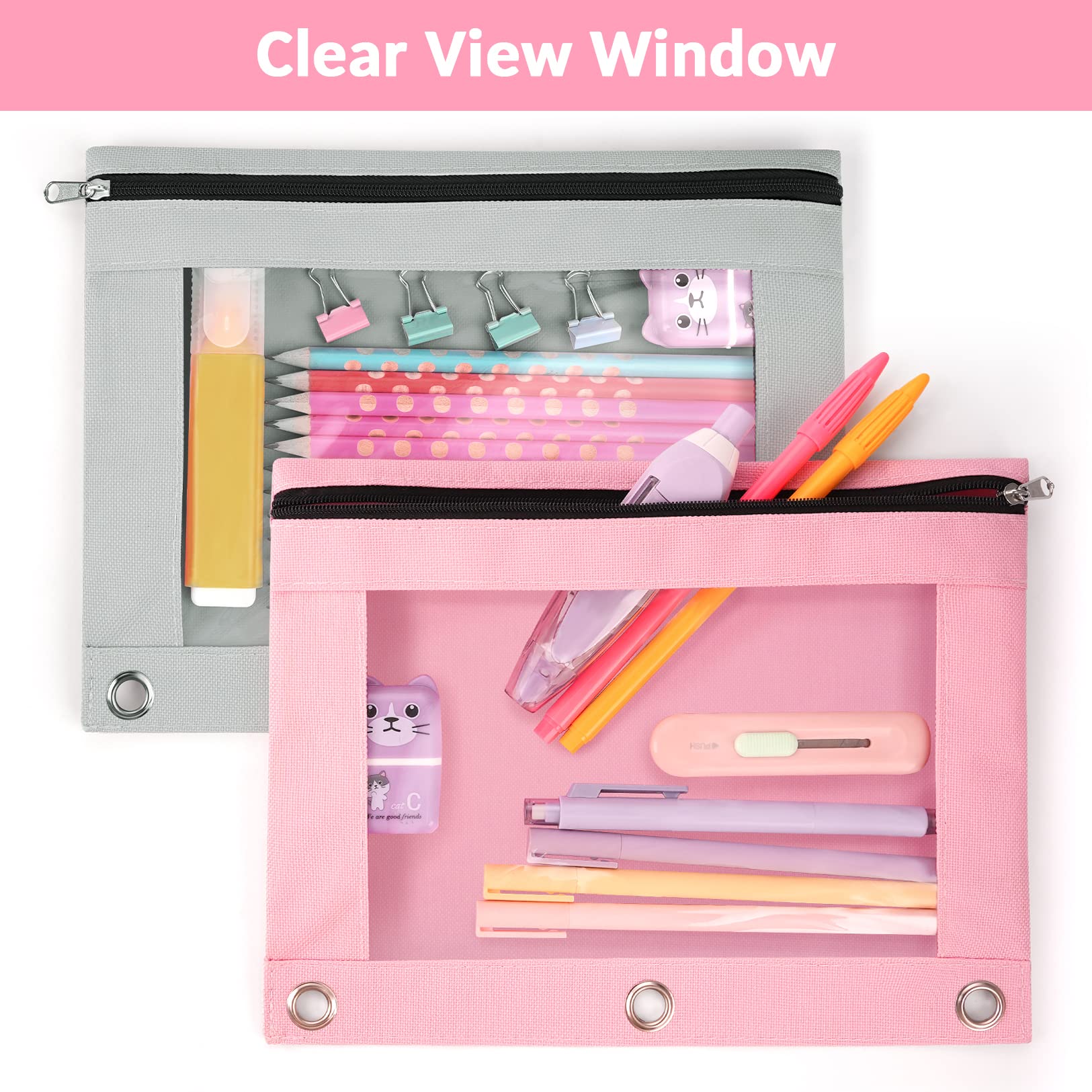Sooez Pencil Pouch for 3 Ring Binder, 2 Pack Binder Pencil Pouch with Clear Window Pencil Bags with Zipper & Reinforced Grommets, Pencil Case for Binder Pink & Grey