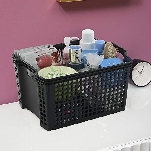 Bringer 6-Pack Stacking Plastic Storage Baskets, Black Plastic Storage Organizer Bins