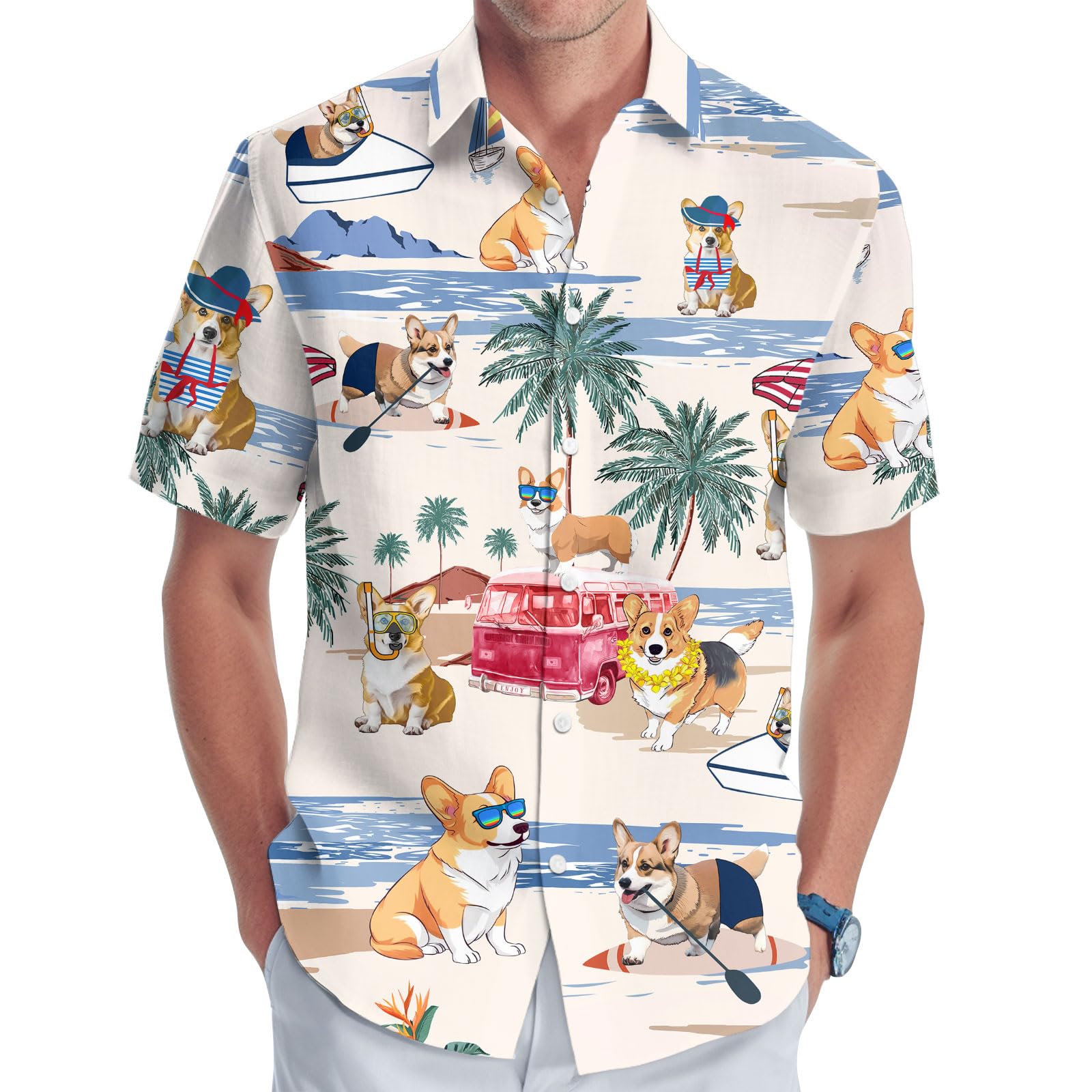 Corgi Men's Hawaiian Shirt - Summer Beach Unisex Shirt, Dad & Men Birthday Gifts (Large)