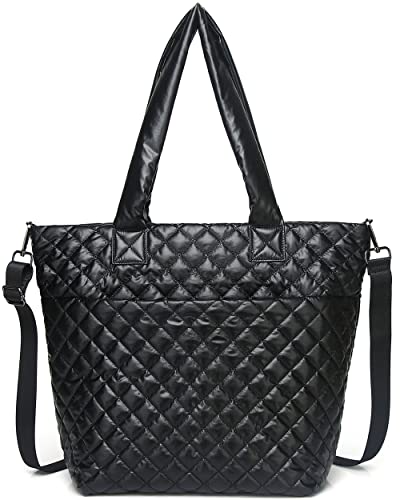 Hsitandy Quilted Tote Bag for Women,Weekender Bag,Light Nylon Quilted Crossbody Shoulder Bag for Travel,Work(Black)