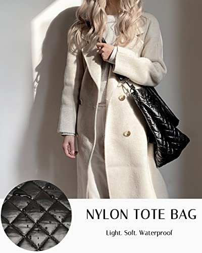Hsitandy Quilted Tote Bag for Women,Weekender Bag,Light Nylon Quilted Crossbody Shoulder Bag for Travel,Work(Black)