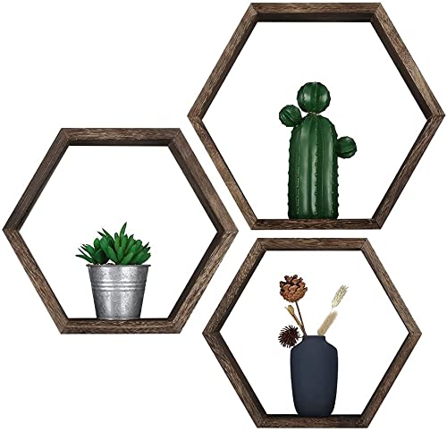1885 Wall Glimmer Hexagon Floating Shelves Rustic Brown - Set of 3 Larger Size Decorative Honeycomb Shelves - Wall Mounted Geometric Rustic Wood Floating Shelves for Wall Decor