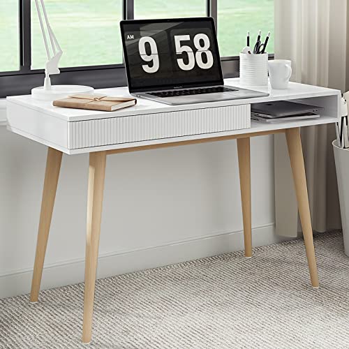White Desk Mid Century Modern Desk Wooden Desk with Drawer Small Office Desk Mid Century Computer Desk White Makeup Table, by Artswish