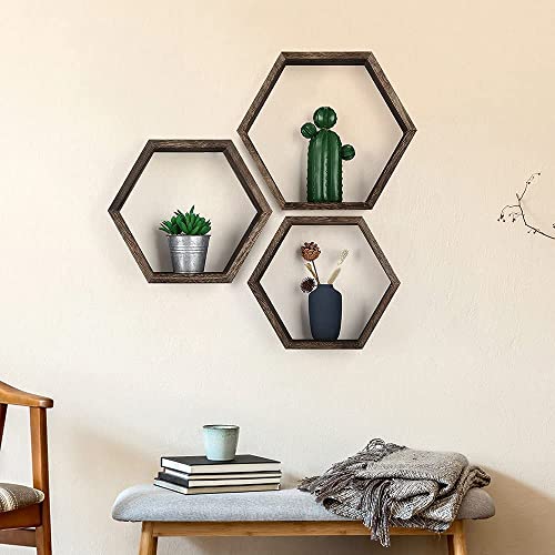1885 Wall Glimmer Hexagon Floating Shelves Rustic Brown - Set of 3 Larger Size Decorative Honeycomb Shelves - Wall Mounted Geometric Rustic Wood Floating Shelves for Wall Decor