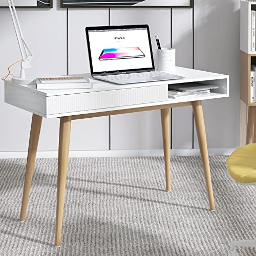 White Desk Mid Century Modern Desk Wooden Desk with Drawer Small Office Desk Mid Century Computer Desk White Makeup Table, by Artswish