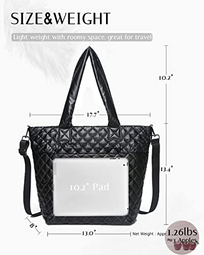Hsitandy Quilted Tote Bag for Women,Weekender Bag,Light Nylon Quilted Crossbody Shoulder Bag for Travel,Work(Black)