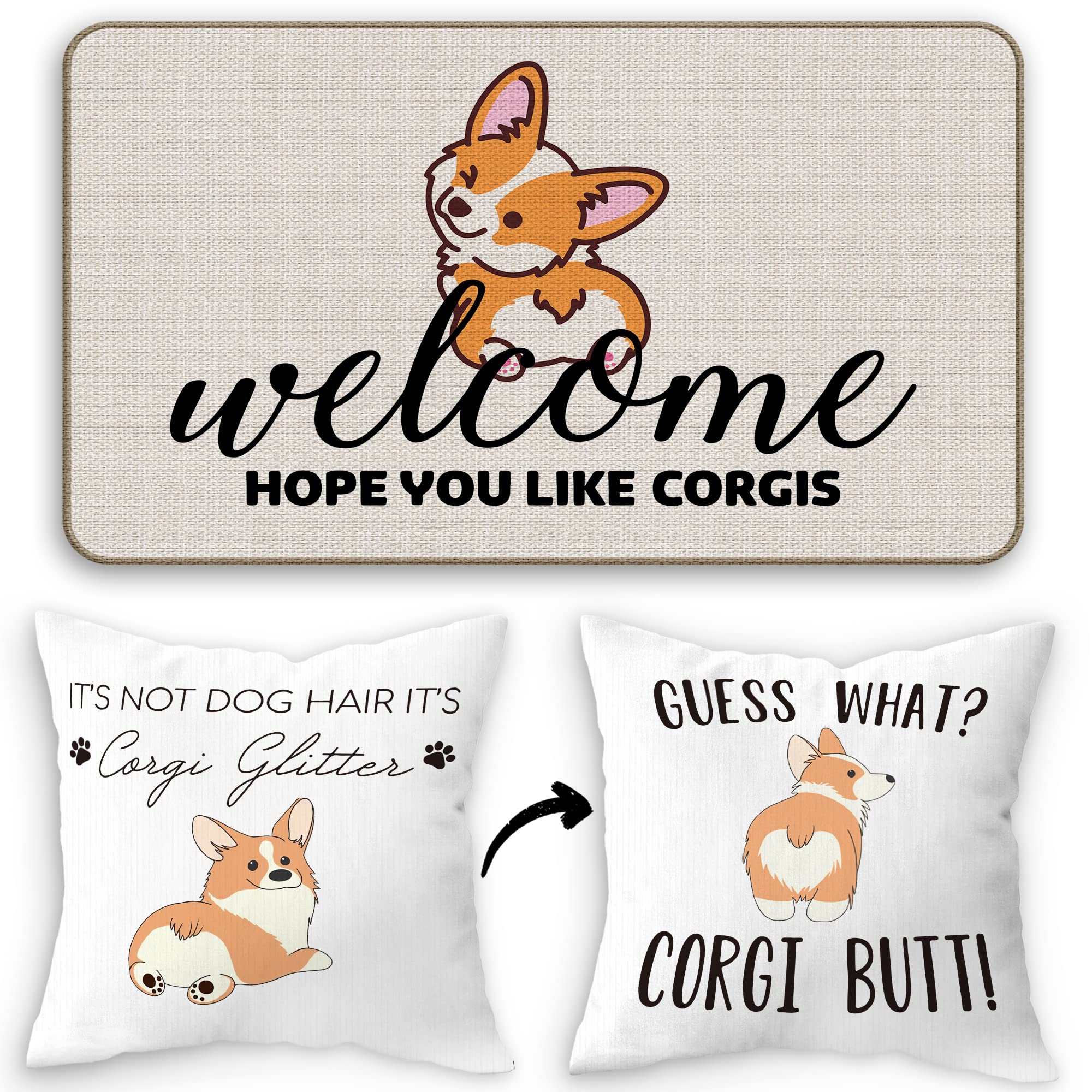 FLDAS Hope You Like Corgis Welcome Door Mat Doormat 17”x30”,It's Not Dog Hair It's Corgi Glitter Reversible Throw Pillow Cover 18”x18”,Set of 1 Pillow Cover 1 Doormat Decor for Home Girls Kids Room