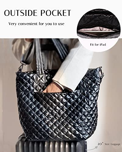 Hsitandy Quilted Tote Bag for Women,Weekender Bag,Light Nylon Quilted Crossbody Shoulder Bag for Travel,Work(Black)