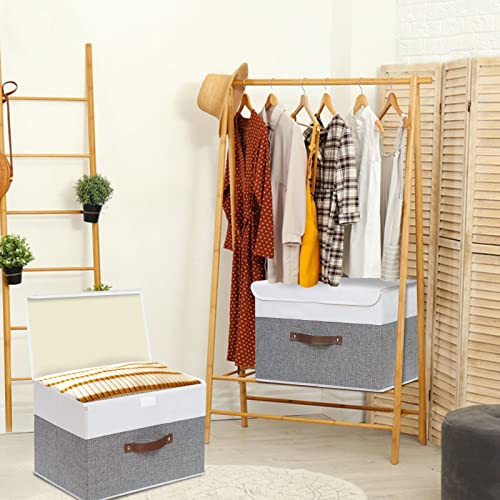 Yawinhe Collapsible Storage Boxes 1 Pack, Linen Fabric Storage Baskets Washable, with Lids and Leather Handle, for Home Bedroom Closet Office, (White/Grey, 17.7x11.8x11.8in), USNK024WGX-1