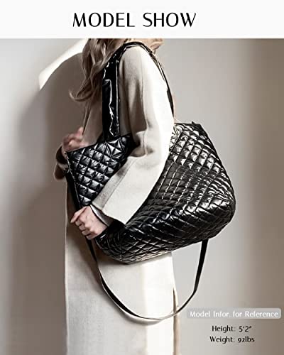 Hsitandy Quilted Tote Bag for Women,Weekender Bag,Light Nylon Quilted Crossbody Shoulder Bag for Travel,Work(Black)