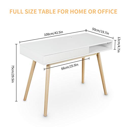 White Desk Mid Century Modern Desk Wooden Desk with Drawer Small Office Desk Mid Century Computer Desk White Makeup Table, by Artswish