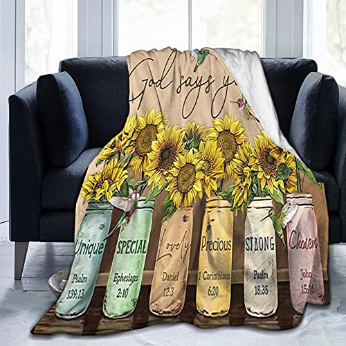 ASYOURWISH Sunflower Throw Blankets for Couch,Inspirational Quote God Says You are Hummingbird Design Cozy Luxury Rustic Farmhouse Colorful Yellow Flower Blue Purple Bottle Flannel Bed Blanket60 x50