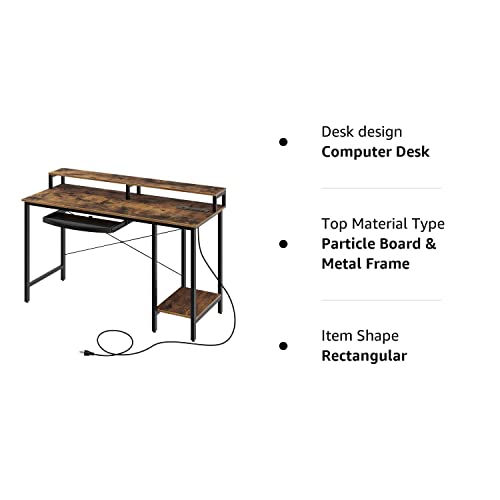 Rolanstar Computer Desk with Power Outlet and Monitor Stand Shelf, 55β Home Office PC Desk with Keyboard Tray and USB Ports Charging Station, Desktop Table,Stable Metal Frame Workstation, Rustic Brown