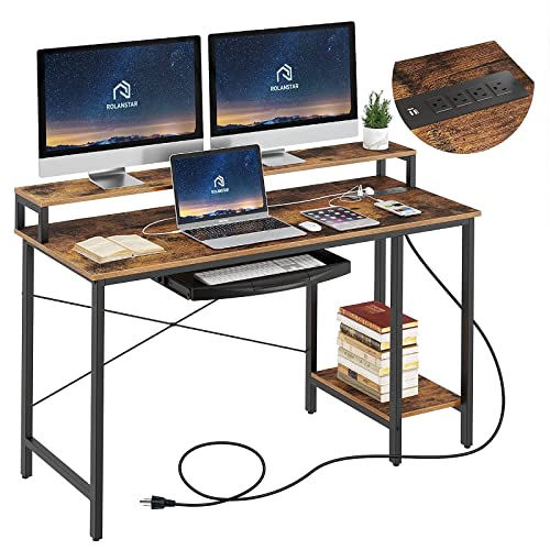 Rolanstar Computer Desk with Power Outlet and Monitor Stand Shelf, 55β Home Office PC Desk with Keyboard Tray and USB Ports Charging Station, Desktop Table,Stable Metal Frame Workstation, Rustic Brown