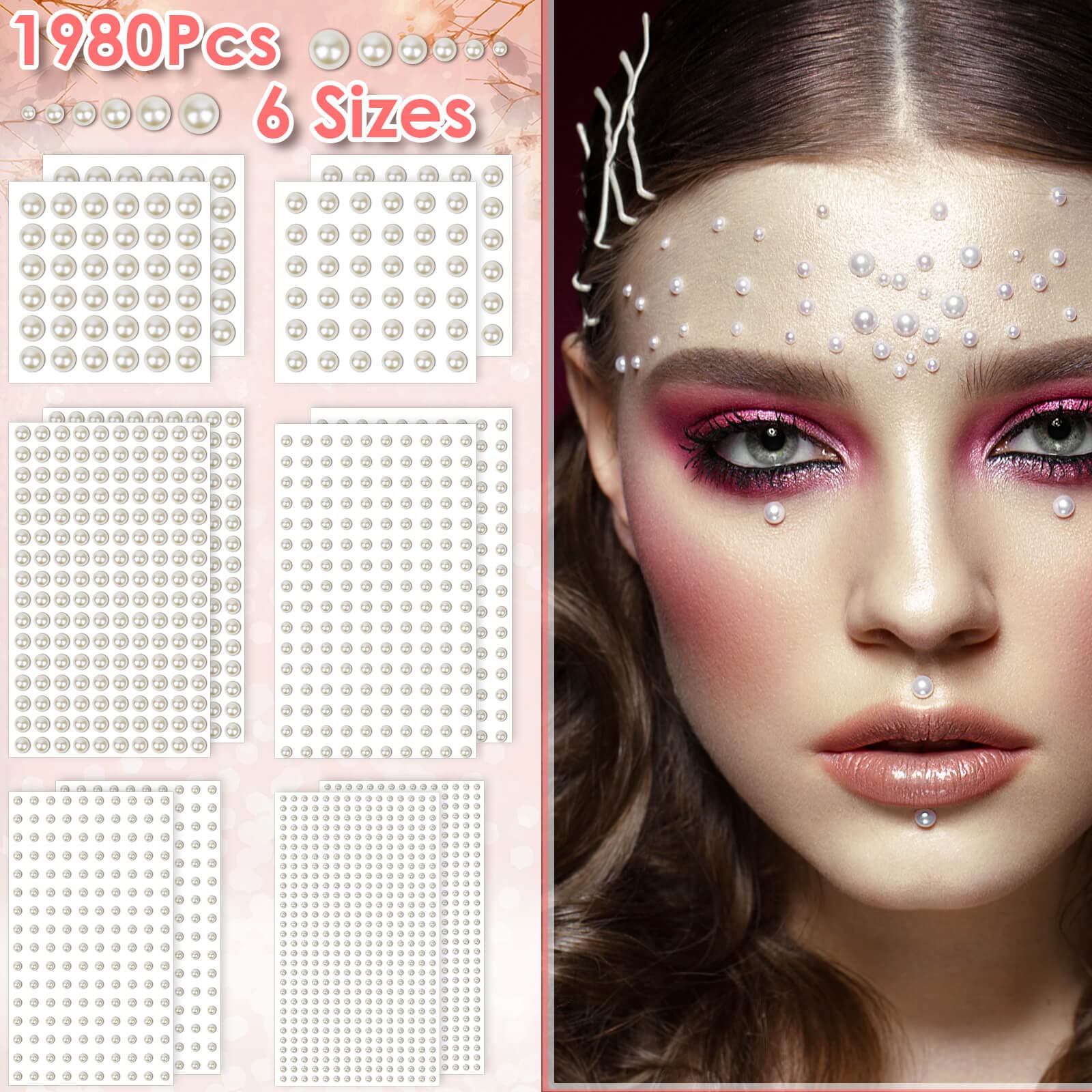 1980Pcs Self Adhesive Pearl Stickers, Shynek Pearls Sticker Gems for Hair, Face, Makeup, Eye, Nail, Crafts, Assorted Sizes