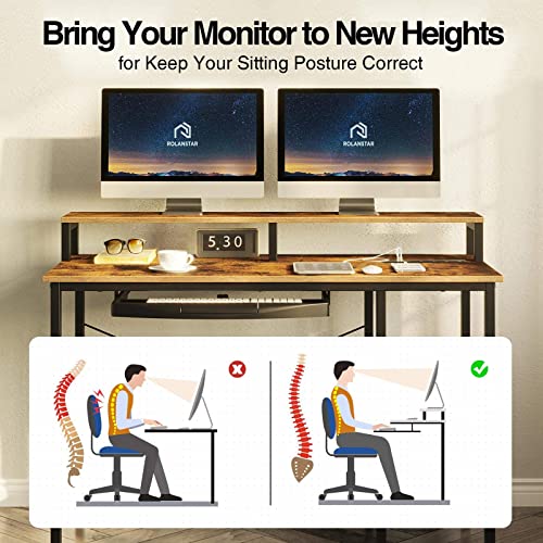 Rolanstar Computer Desk with Power Outlet and Monitor Stand Shelf, 55β Home Office PC Desk with Keyboard Tray and USB Ports Charging Station, Desktop Table,Stable Metal Frame Workstation, Rustic Brown