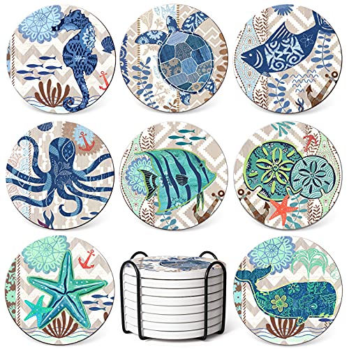 Coaster for Drinks by Teivio, Absorbing Stone Sea Ocean Life Paint- Cork Base, with Holder, Coastal Decor Beach Themed Tropical , for Housewarming Bar Decor, Set of 8