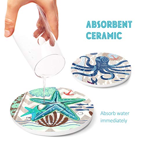 Coaster for Drinks by Teivio, Absorbing Stone Sea Ocean Life Paint- Cork Base, with Holder, Coastal Decor Beach Themed Tropical , for Housewarming Bar Decor, Set of 8